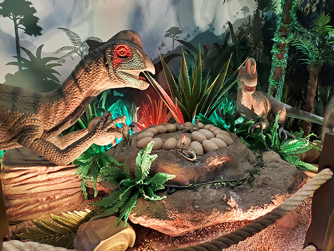 Red-eyed and ready for action, this Velociraptor display corrects Hollywood myths. These weren't six-foot terrors but smaller, feathered hunters.