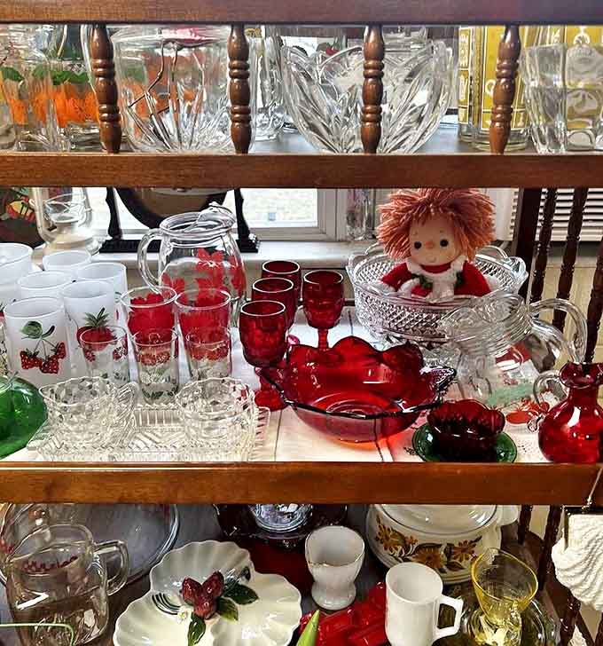 Ruby reds, crystal clear, and that distinctive avocado green &ndash; each piece catching light and memories in equal measure.