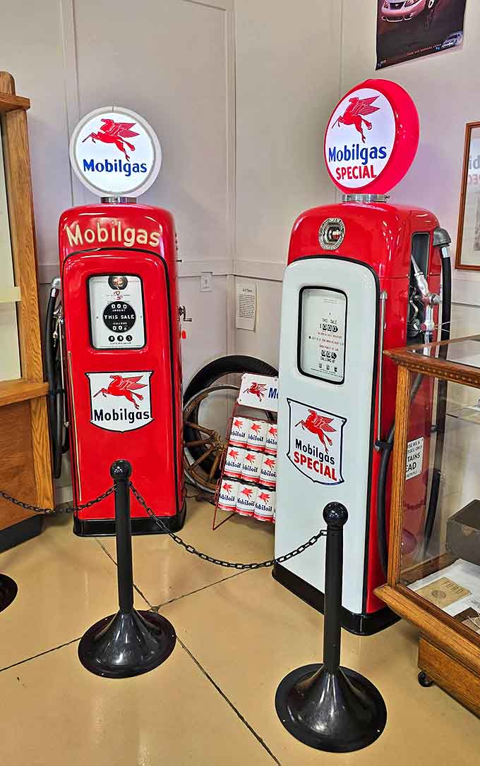 These gleaming Mobilgas pumps harken back to an era when gas was cheap, service was full, and attendants actually cleaned your windshield.