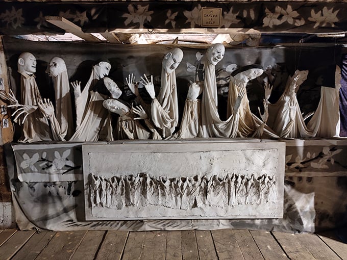 A haunting tableau of elongated figures reaches upward in silent supplication, demonstrating the theater's knack for creating powerful visual metaphors.