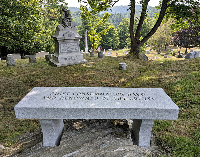 "Quiet consummation have, and renowned be thy grave" &ndash; Shakespeare's words find perfect placement on this contemplative cemetery bench.