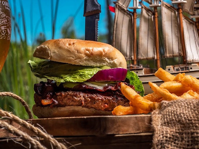 Who says seafood joints can't flip a mean burger? This bad boy could make a pescatarian reconsider their life choices.