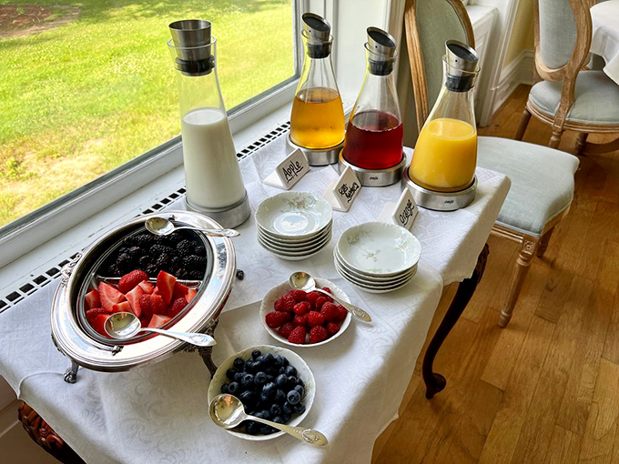 Fresh berries and colorful juices await morning guests, a rainbow of flavors that puts ordinary hotel breakfasts to shame.
