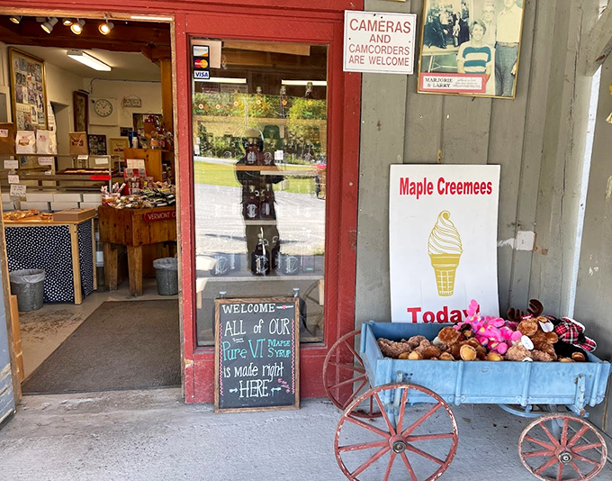 Come for the maple, stay for the charm. This entrance is like a warm hug from Vermont itself.