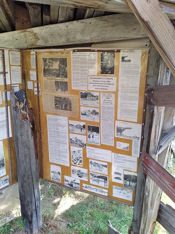 Newspaper clippings tell the Vermontasaurus story, chronicling its creation and the occasional bureaucratic battles it faced.