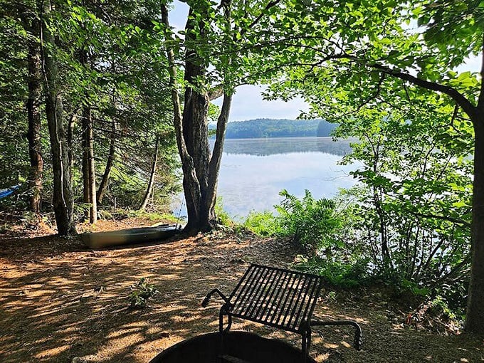 Lakeside serenity captured in a single frame, where shaded ground and calm waters invite quiet moments at Island Pond.
