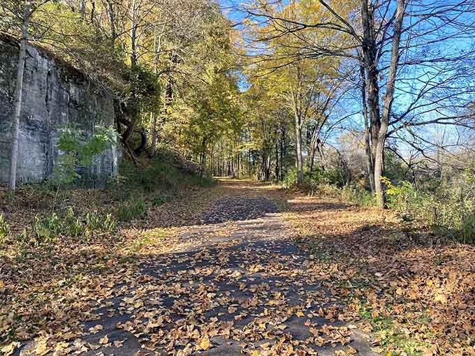 The pathway leading through the property invites leisurely strolls, with that vintage gas pump adding a touch of Americana to an already charming scene.