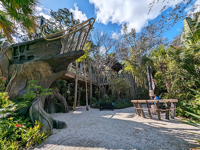 The pirate ship "Scorpion" seems to have run aground in the jungle, creating an unexpected maritime adventure.