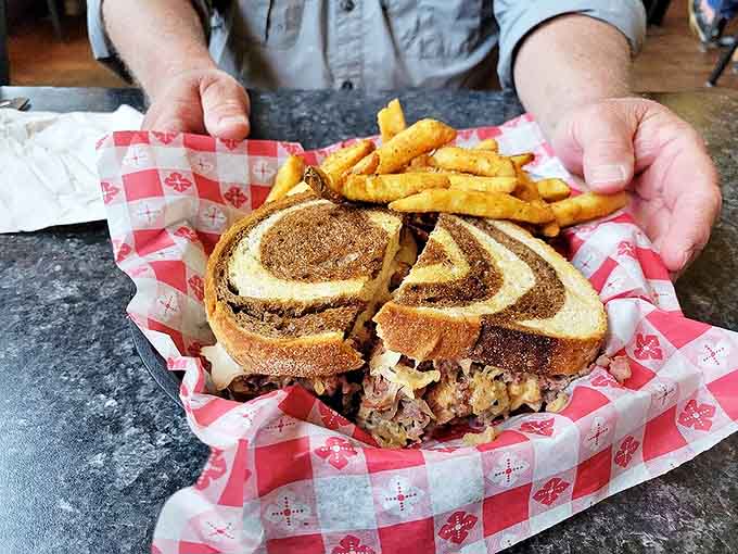 That Reuben sandwich isn't just lunch, it's an engineering marvel of perfectly balanced corned beef, sauerkraut, and melted Swiss cheese.