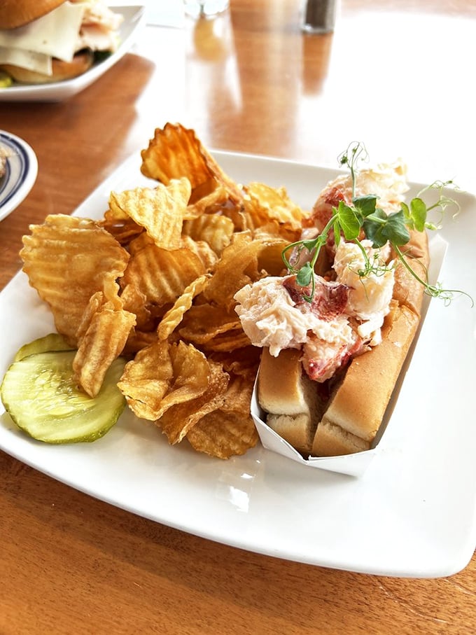 A classic lobster roll arrives unadorned but perfect &ndash; sweet meat piled high on a toasted roll, letting Maine's signature seafood shine without distraction.