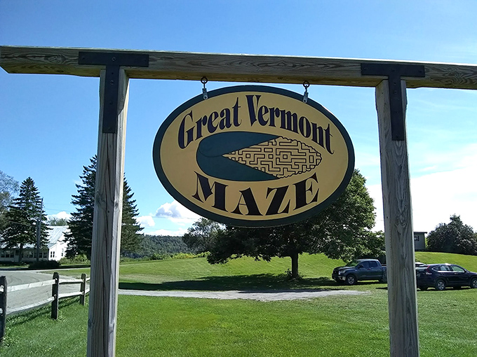 The welcoming sign stands as both invitation and warning – enter the Great Vermont Corn Maze and prepare to question your directional abilities for hours.