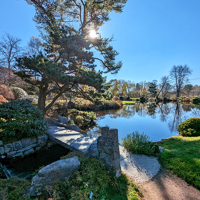 Engineering meets artistry at this simple stone bridge, where crossing feels like a ceremonial transition between garden rooms. Poetry in granite.