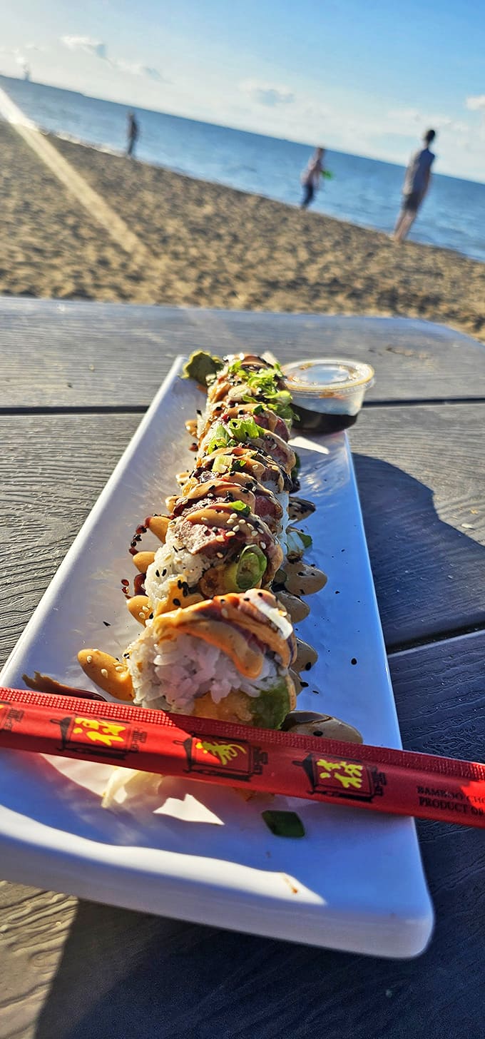 Ocean meets lake at Dock's sushi bar, where fresh rolls lined up against the beach backdrop create the ultimate Great Lakes fusion experience.