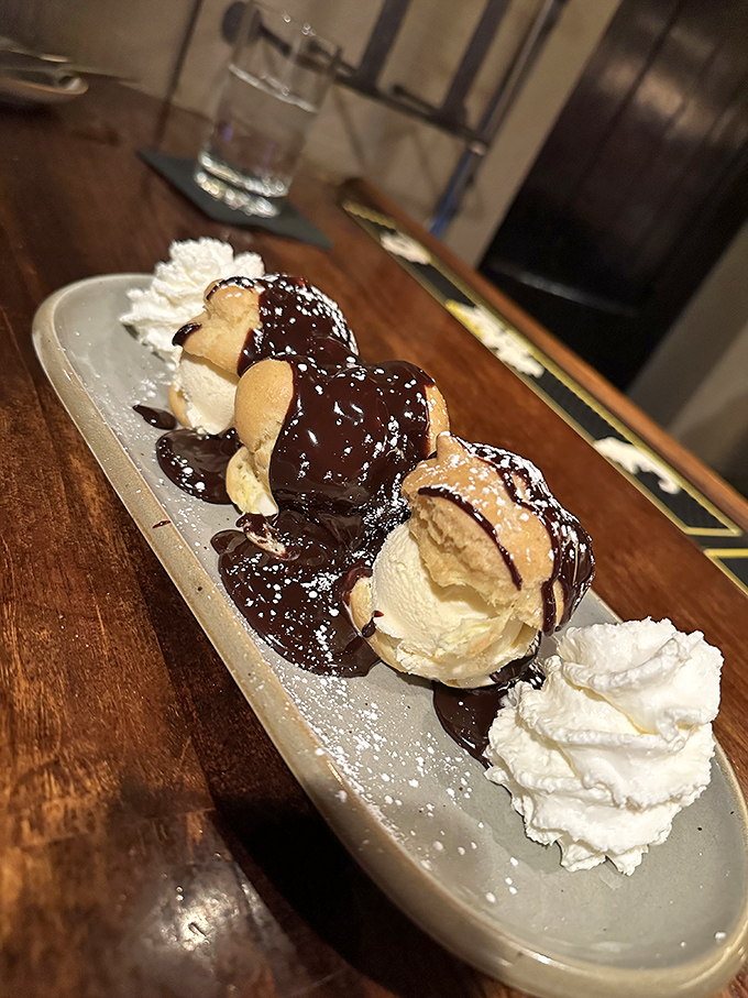 This isn't just ice cream – it's a warm-cold symphony of textures where chocolate sauce creates rivers of joy around creamy islands.