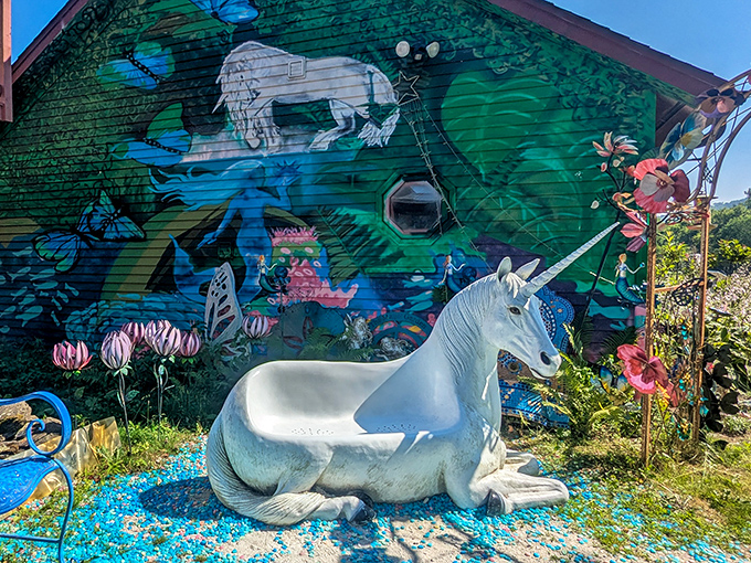 A majestic unicorn stands sentinel before a fantastical mural &ndash; the perfect guardian for this repository of imagination.