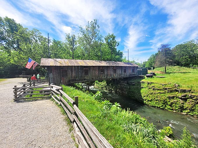 This wooden covered bridge seems to whisper stories of horse-drawn carriages and simpler times, perfect for a post-pancake constitutional.