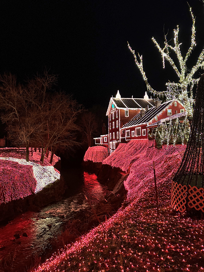 During Christmas, Clifton Mill transforms into a dazzling wonderland with millions of lights reflecting off the water – pure holiday magic.