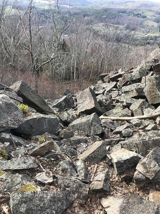 Geological poetry in motion – these tumbled quarry stones have been playing the world's slowest game of Jenga for decades.