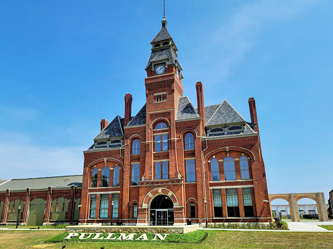 This brick beauty stands tall, keeping time and looking fine. It's industrial chic before that was even a thing.