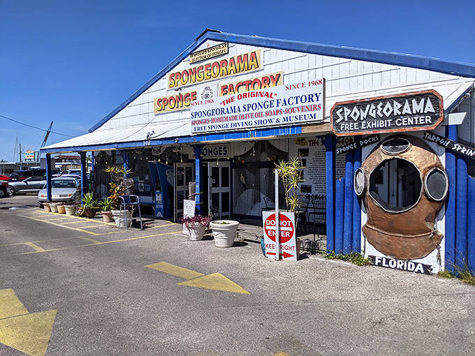 Spongeorama's colorful exterior celebrates Tarpon Springs' unique heritage as America's sponge capital, with diving helmets and sea-themed decorations.