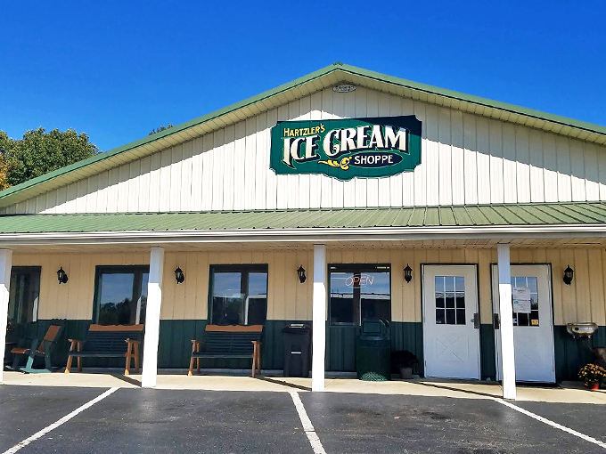 Hartzler Family Dairy (Wooster)] Green roof, white walls, and a world of flavor! Hartzler's isn't just an ice cream shop; it's a masterclass in dairy delights. This Wooster gem is where cows are treated like royalty and ice cream is elevated to an art form. Pro tip: try the flavored milk. It's like a hug for your insides!