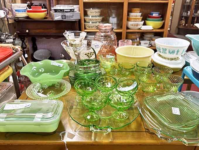 The eerie glow of uranium glass captivates collectors – these Depression-era pieces contain actual uranium, giving them that distinctive green luminescence.