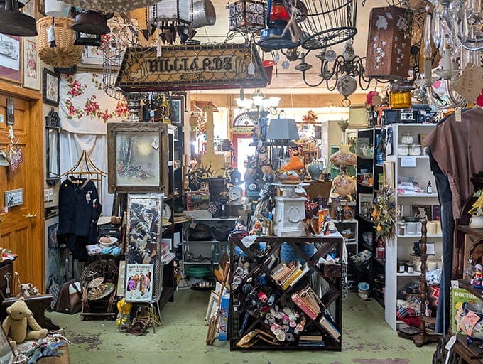 Antique treasures stack high in the basement, where the really interesting stuff hangs out away from the crowds like the cool kids' table.