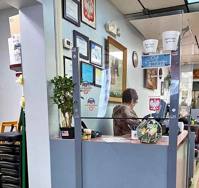 The counter area serves as command central, where decades of Polish culinary tradition are preserved one plate at a time.