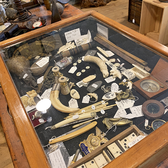 This fascinating display case houses everything from antique compasses to carved ivory &ndash; treasures that once guided sailors through foggy Maine waters.