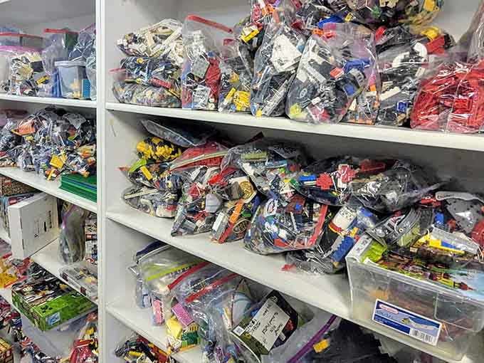 Bags of vintage toys wait to be sorted through like archaeological digs, where every handful might contain the exact piece that completes someone's childhood collection or memory.