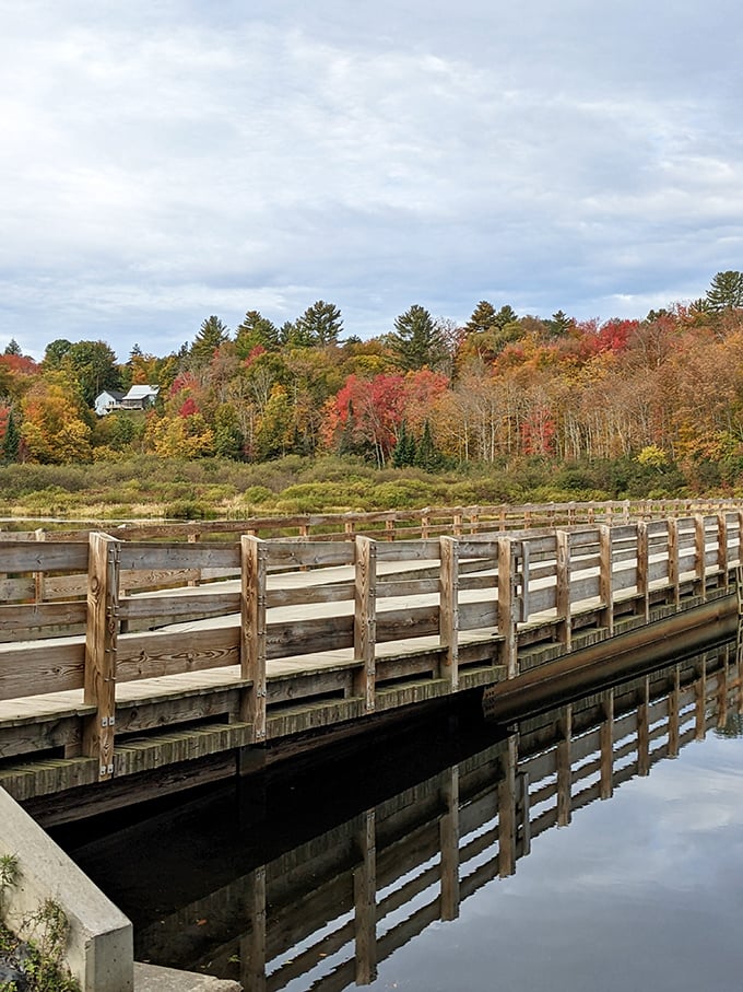Fall foliage creates a double spectacle as crimson and gold trees reflect in the lake, framing the bridge in seasonal splendor.
