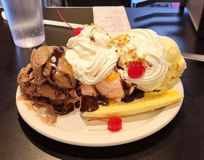 The classic banana split &ndash; nature's ice cream boat filled with scoops, toppings, and the strange power to make adults giggle like children.