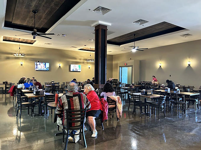 Clean, well-lit dining space with plenty of elbow room means you can focus on your brisket without bumping into your neighbor's rib bones.
