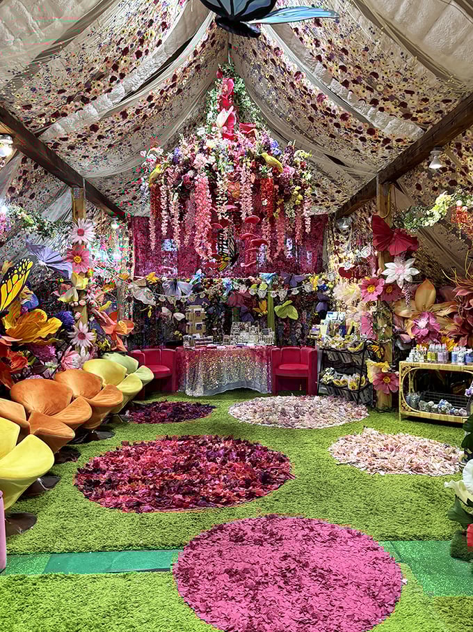 Flower power explosion! This magical tent transforms into a botanical wonderland where fabric blooms and petal pathways create an immersive artistic experience.