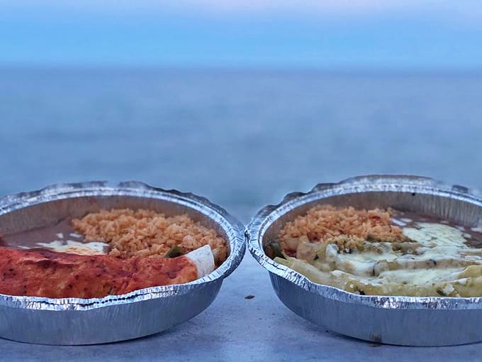 Burrito and Green Sauce Enchilada: The dynamic duo of Mexican comfort food &ndash; one wrapped, one smothered, both absolutely irresistible.