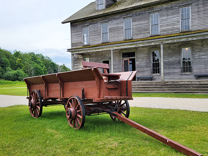 This restored wagon outside the historic hotel reminds visitors of transportation before automobiles, when iron and horses powered America's growth.