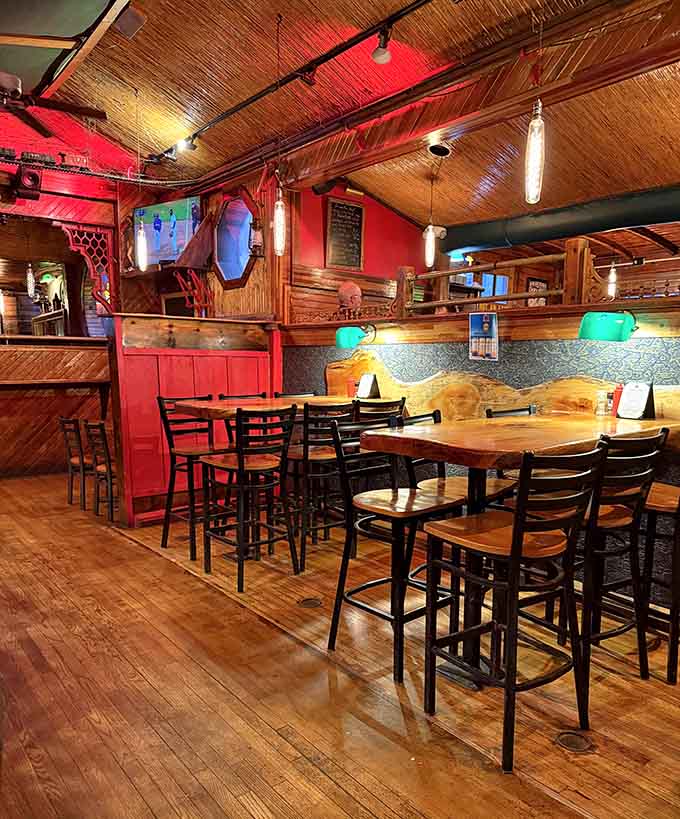 The warm wood tones and colorful lighting create an inviting space where good meals become great memories.