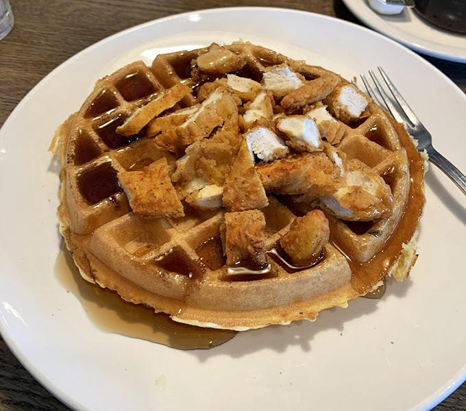 Chicken and waffles unite sweet and savory in perfect harmony, like a breakfast duet that hits all the right notes.