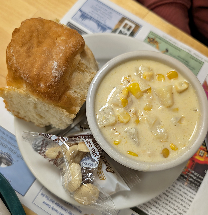 Comfort in a bowl: Moody's corn chowder with a fresh-baked biscuit &ndash; the perfect companion on a chilly Maine day.