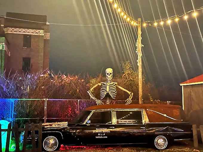 Even the transportation is haunted here &ndash; this vintage hearse comes complete with a skeletal driver ready for one last ride.