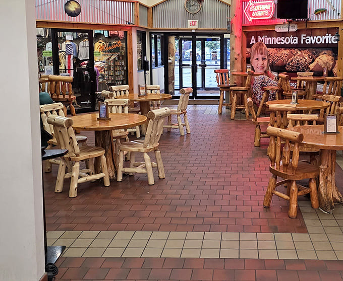 Rustic log furniture creates a north woods vibe that's way more charming than plastic booths, making you forget you're technically at a truck stop.