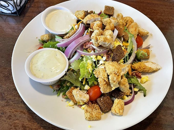 This isn't just any Cobb salad &ndash; it's a masterclass in texture and flavor, where every ingredient plays its part in perfect harmony.