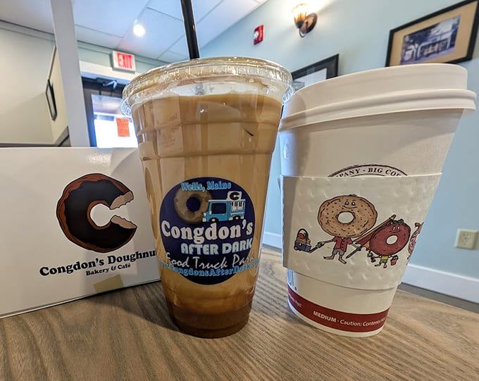 Even the coffee cups are charming here, featuring playful doughnut characters that understand the joy they're about to deliver.