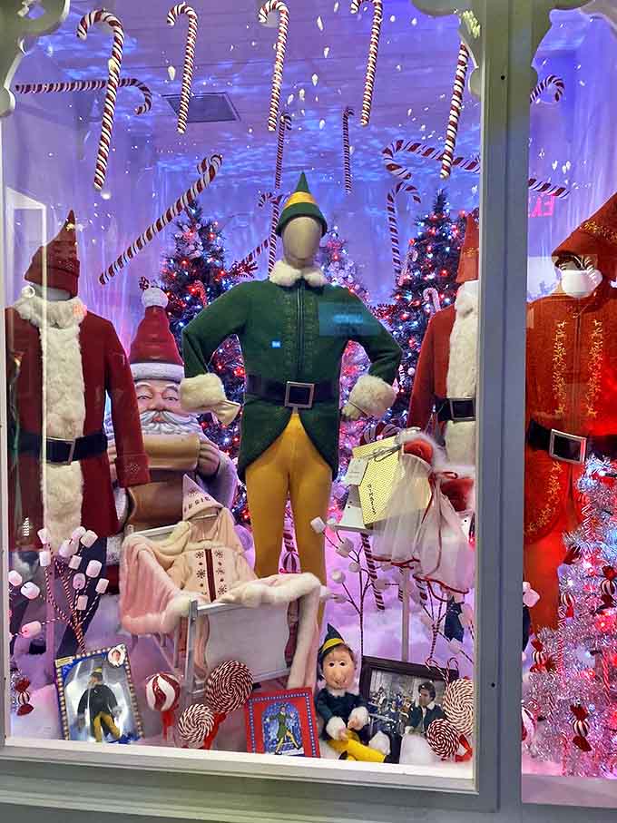 Buddy the Elf would feel right at home among this festive display, complete with candy canes hanging like sweet stalactites from a peppermint cave.