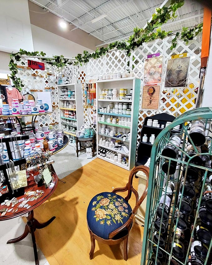 A crafting corner that feels like stepping into Martha Stewart's dream workspace, complete with vintage-inspired lattice walls.