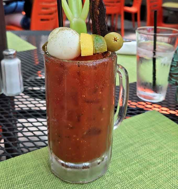 This Bloody Mary is basically a salad bar that happens to contain vodka, complete with enough garnishes to qualify as lunch.