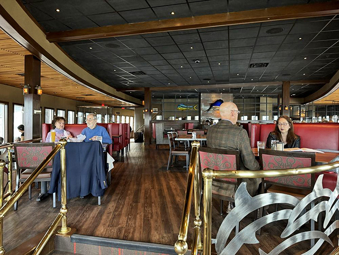 The spacious dining room offers comfortable seating and harbor views, where locals and tourists alike gather to worship at the altar of lobster mac and cheese.