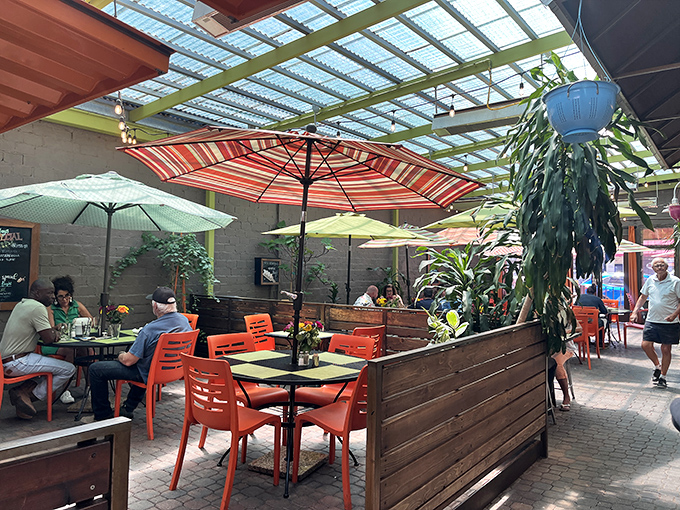 The covered patio creates a greenhouse effect that bathes diners in natural light while they contemplate ordering seconds.