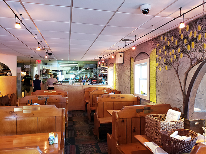 The dining area's warm wooden booths and lemon tree mural transport diners straight to a Mediterranean trattoria, despite the Maine address.