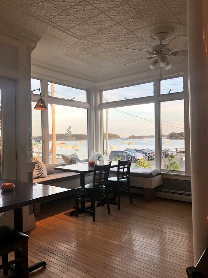 The sun-drenched dining area offers harbor views that rival the food for attention – almost. Those windows frame a working waterfront postcard.